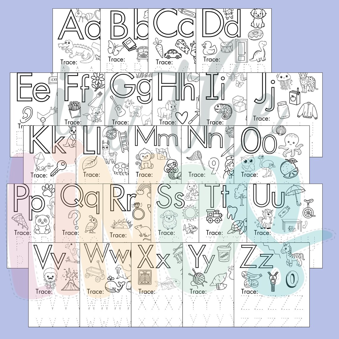 Alphabet Tracing Coloring Pages | A to Z Printable PDF | Handwriting ...