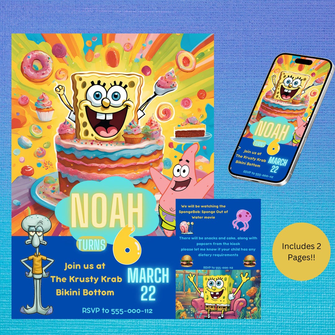 Spongebob Squarepants Birthday Party Invitations - Etsy