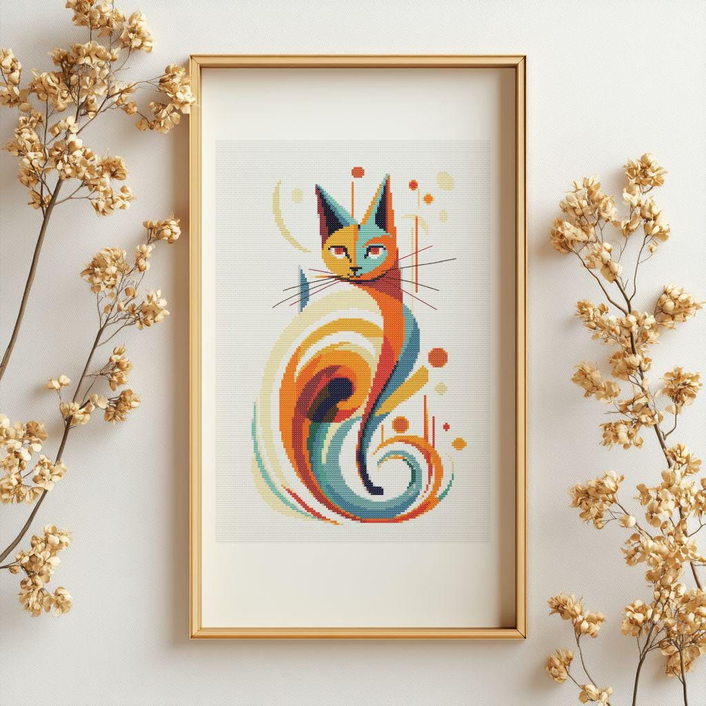 Stylized Cat Cross Stitch, Abstract Cat, Artistic Embroidery, Creative ...