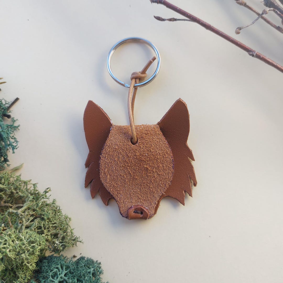Wolf Head Keychain - Handmade Brown Natural Leather Keychain, Nature ...