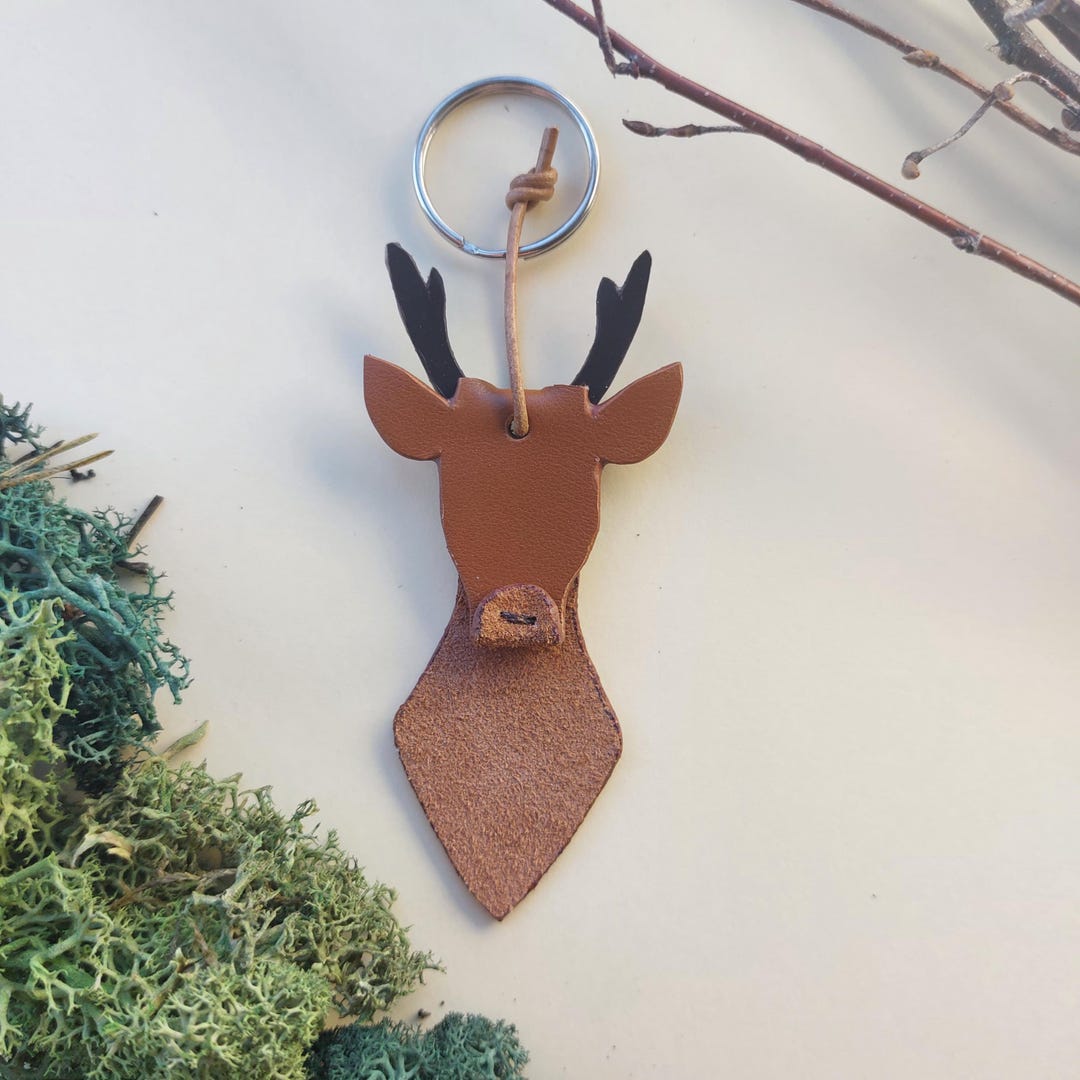Deer Head Keychain – Handmade Brown Natural Leather Keychain, a ...