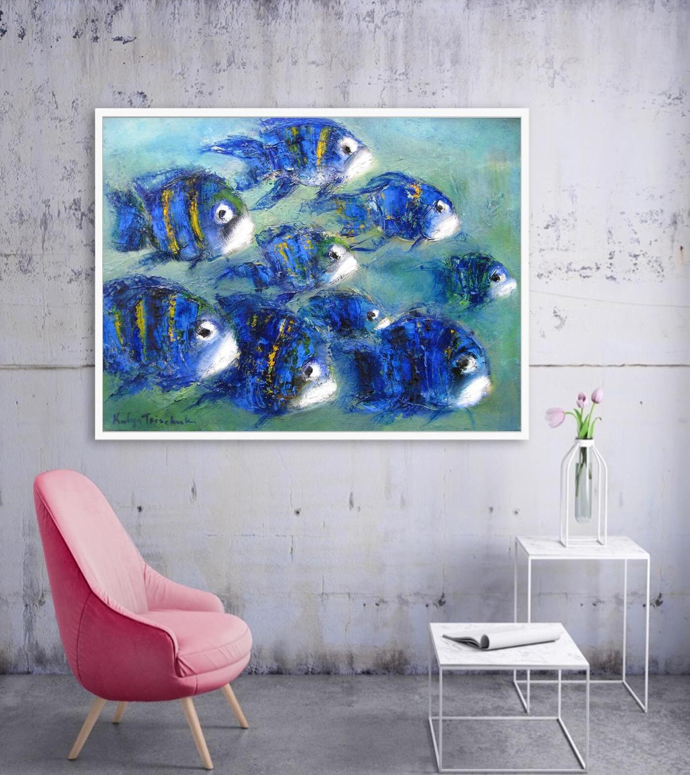 Fish wall art painting abstract canvas print blue fishes | Etsy