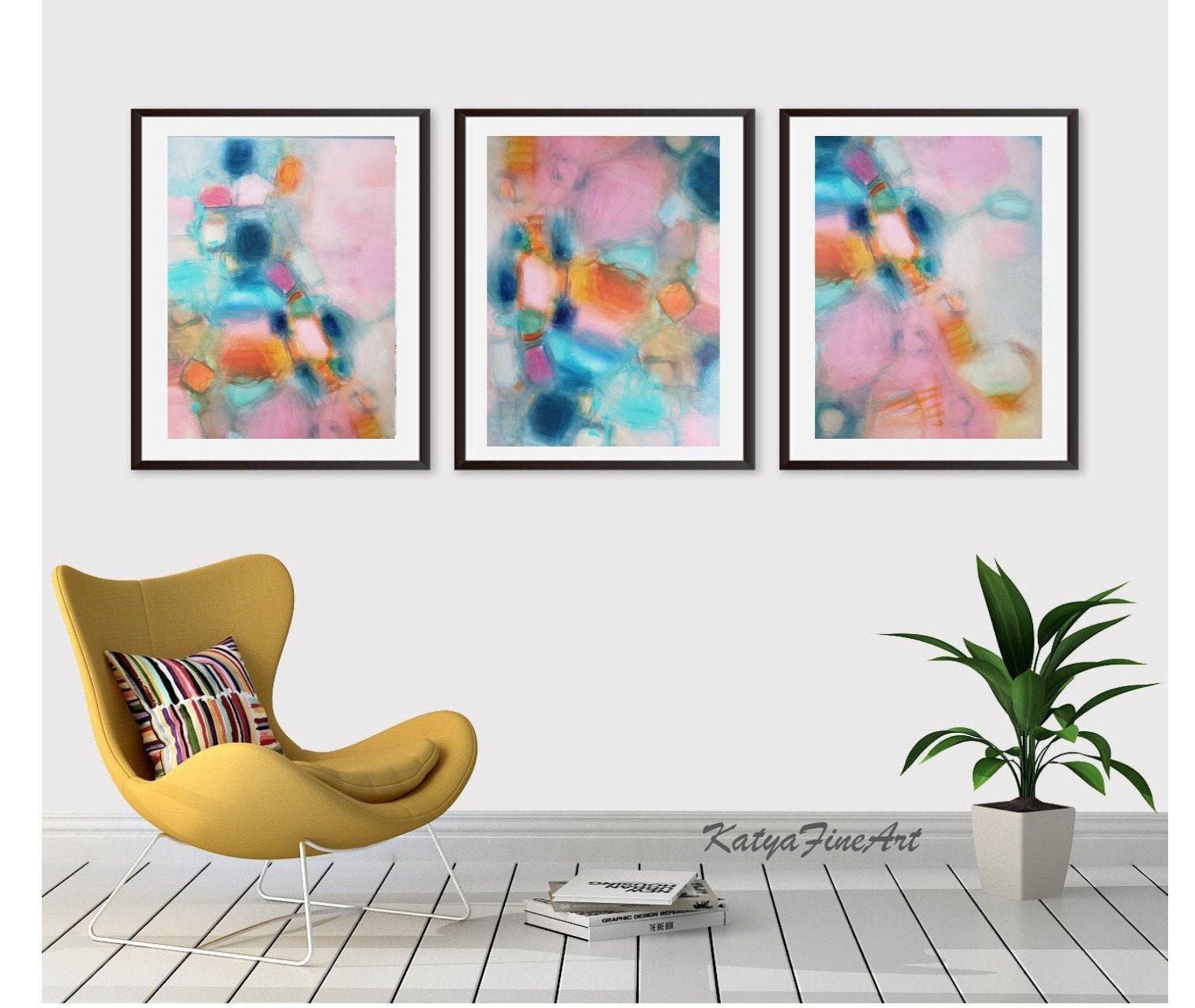 Triptych Three Piece Wall Art Print, Abstract Painting Set of 3 Multi ...