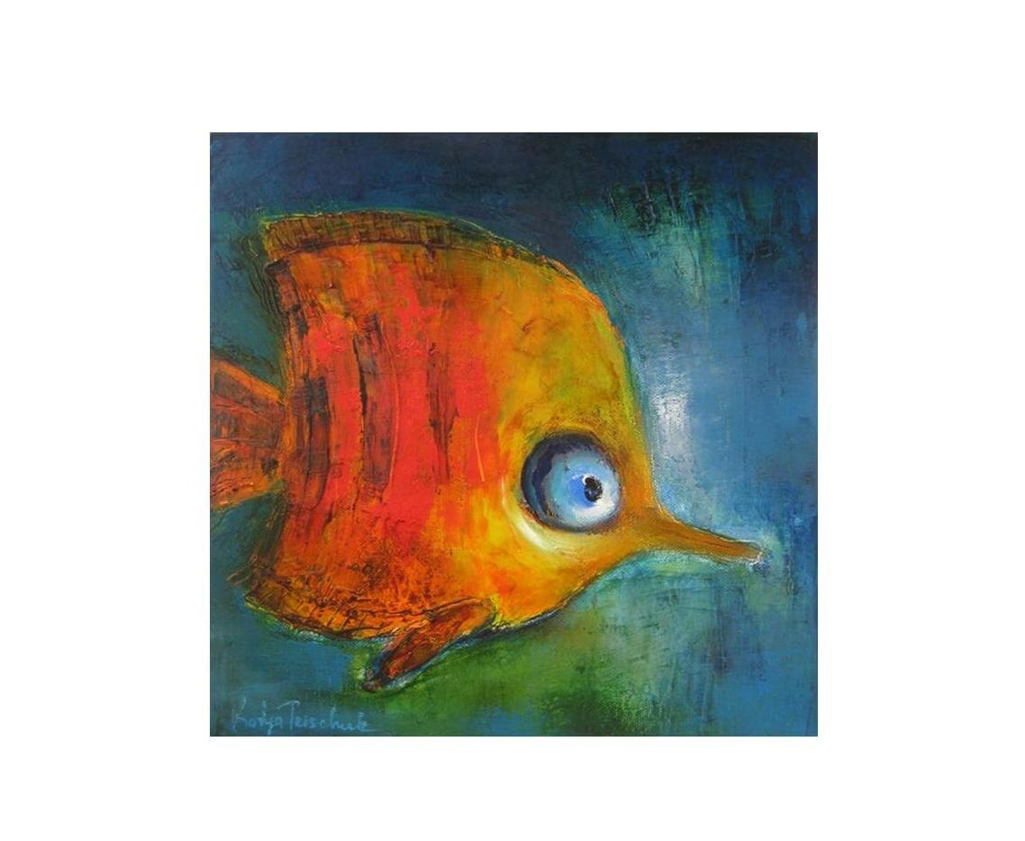Fish wall art print blue and orange abstract fish artwork | Etsy