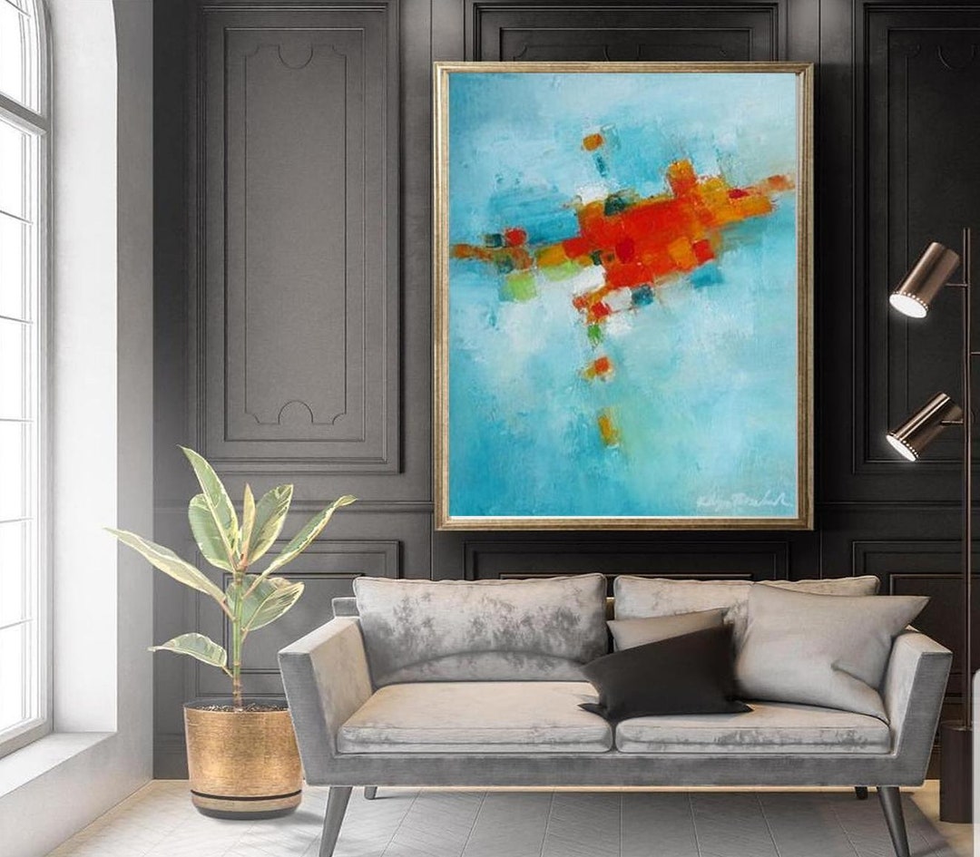 Abstract Wall Art Print Giclee Canvas, Turquoise Blue and Orange Office ...