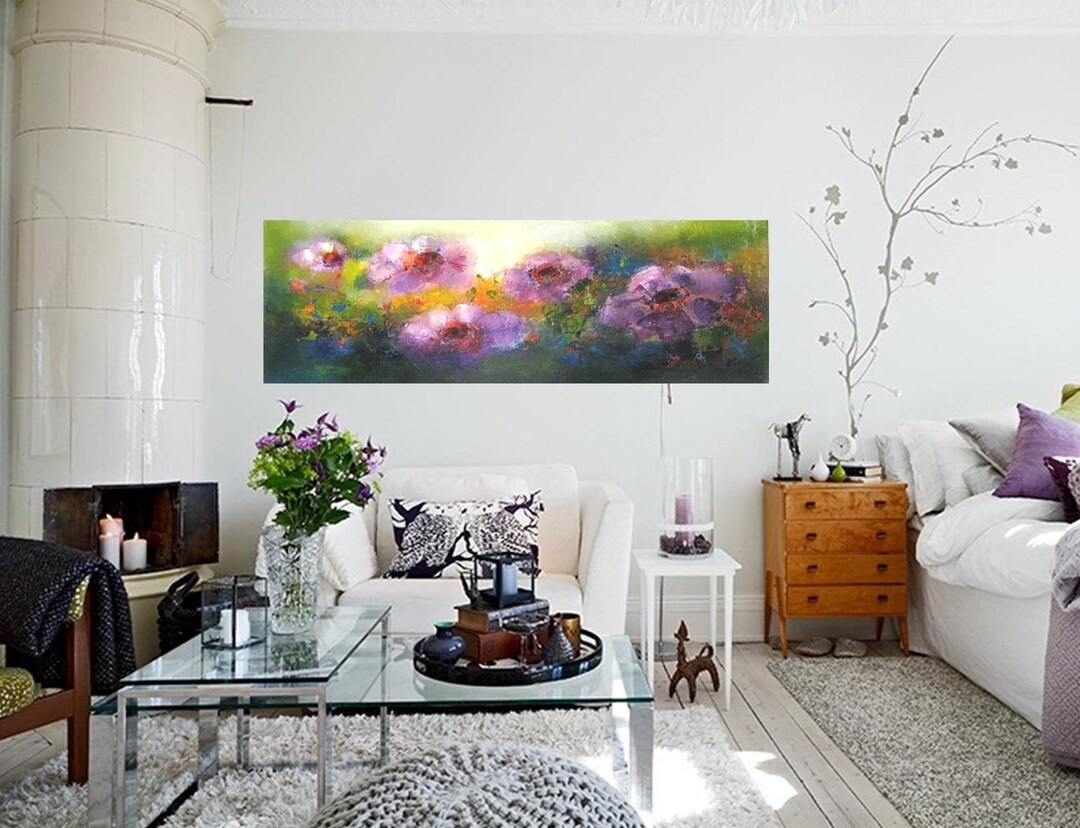 Pink Lilies Long Narrow Landscape Art Print Canvas, Floral Summer ...