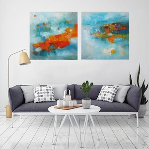 Original Oil Painting Abstract Wall Art Canvas in Turquoise Blue and ...