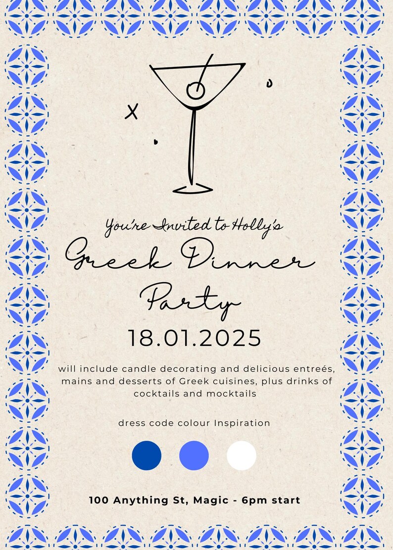 Greek Themed Dinner Birthday Party Invitations & Menu - Etsy