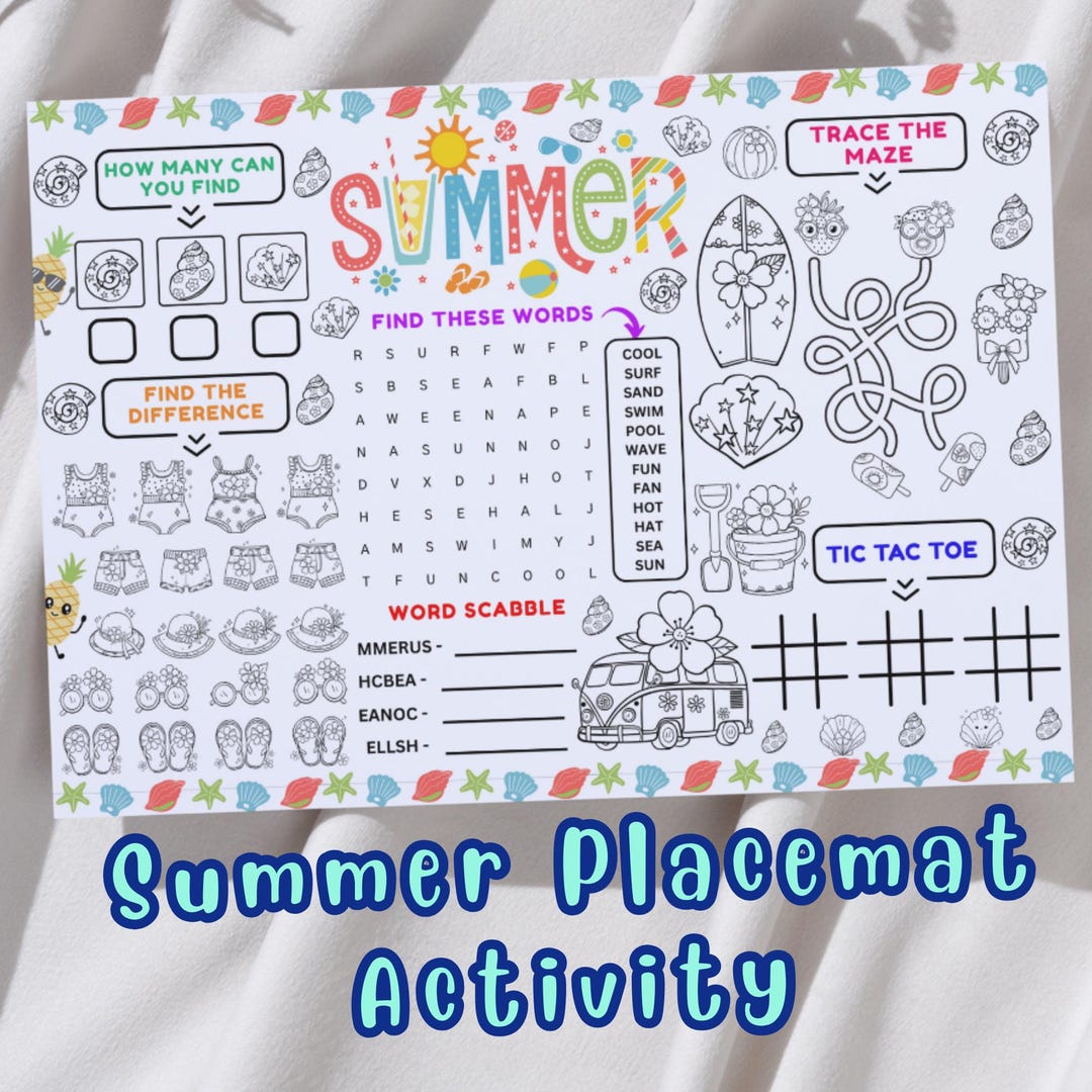 Summer Placemat Activity Sheet for Kids – Printable Coloring, Games ...