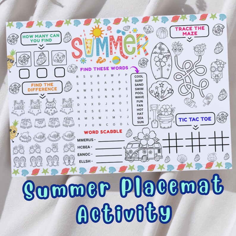 Summer Placemat Activity Sheet for Kids – Printable Coloring, Games ...