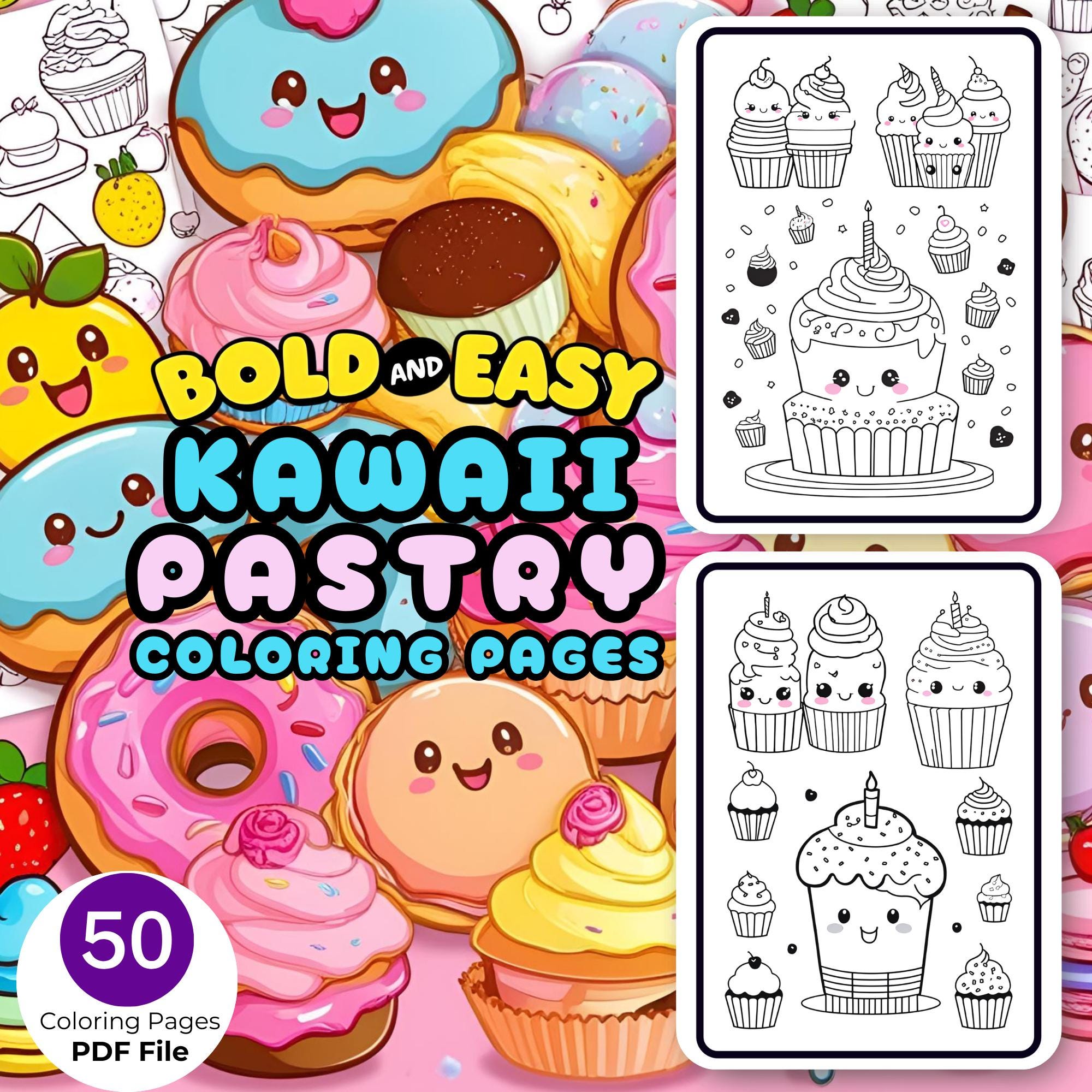 Kawaii Pastry Coloring Pages | Printable Cute Dessert Art for Kids ...