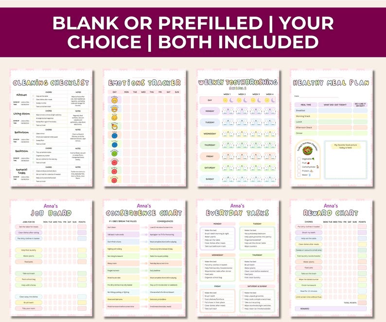 Editable Kids Chore Chart Bundle: Responsibility Checklist, Reward ...