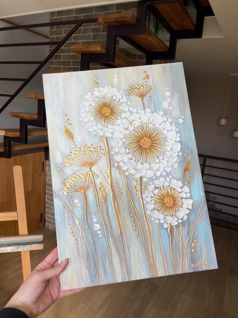 Textured Dandelion Painting White Gold, 3D Flower Wall Art, Floral Gift ...