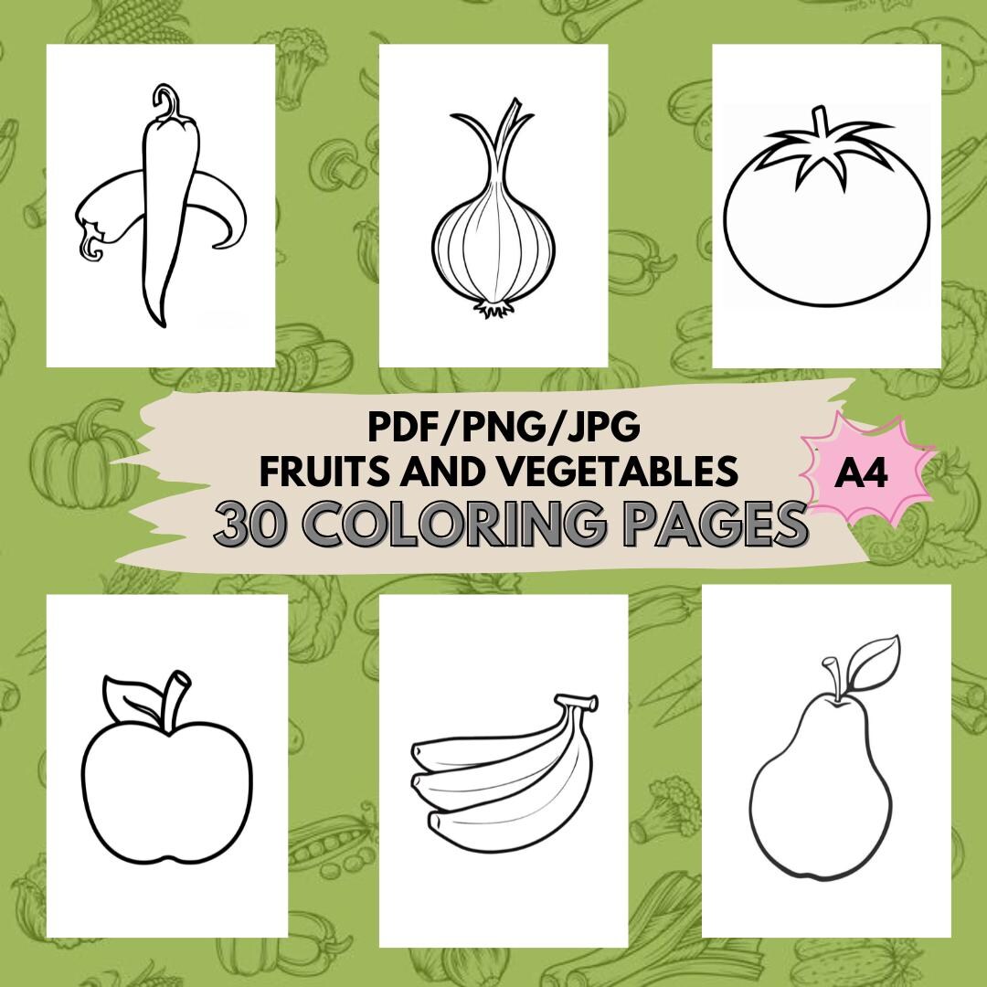 Fruits and Vegetables Coloring Book | 30 Fun Pages | A4 PDF/PNG/JPG for ...