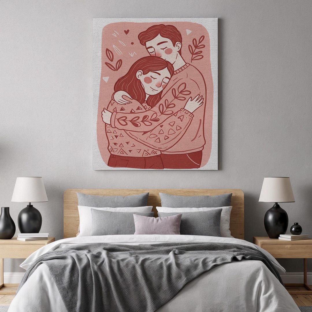 Couple Hug Wall Art, Warm Minimalist Canvas Print, Romantic Bedroom ...