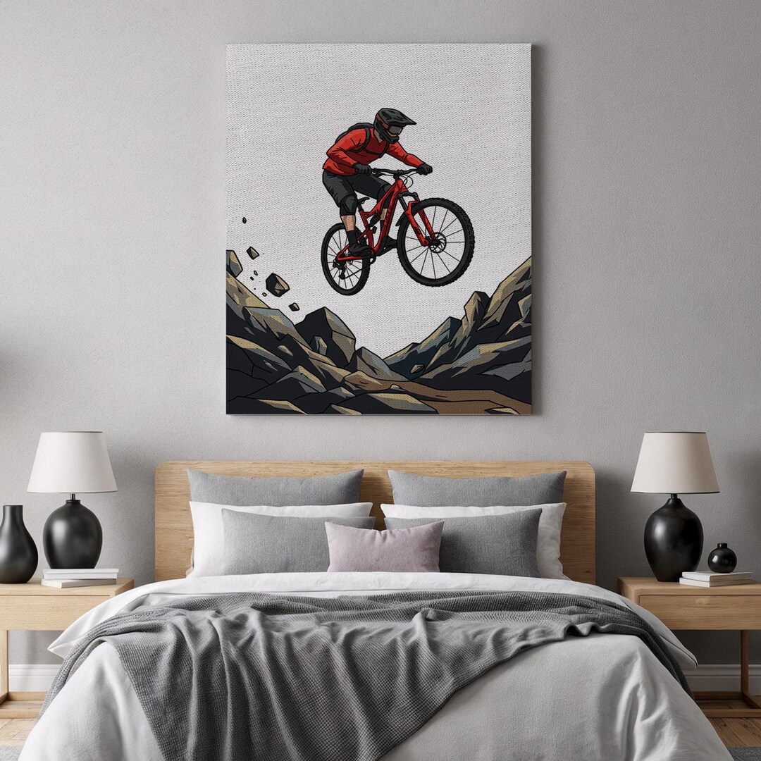 Mountain Biker Wall Art, Adventure Sports Canvas, Red Bike Jump Design ...
