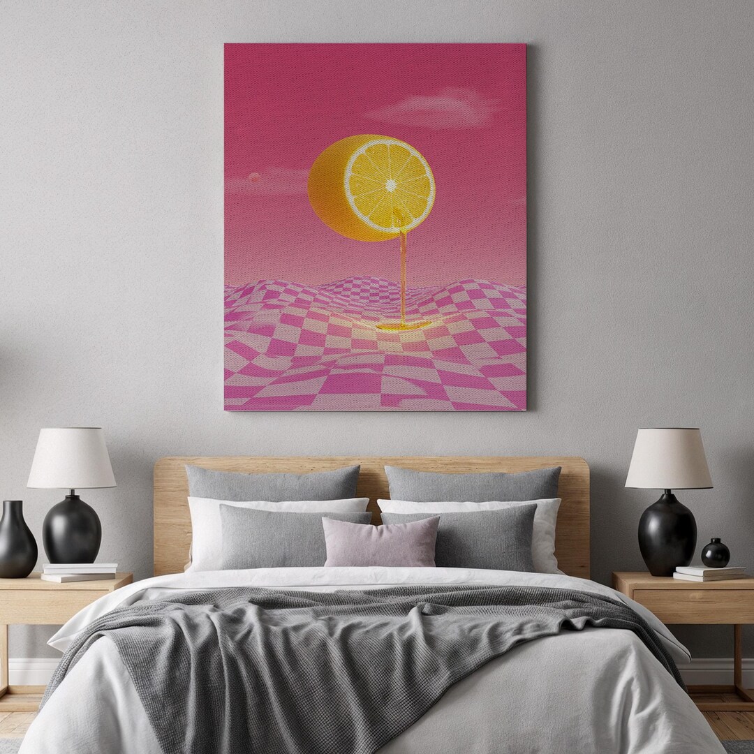 Surreal Lemon Art Decor Print With Pink Checker Landscape Dreamy Fruit ...