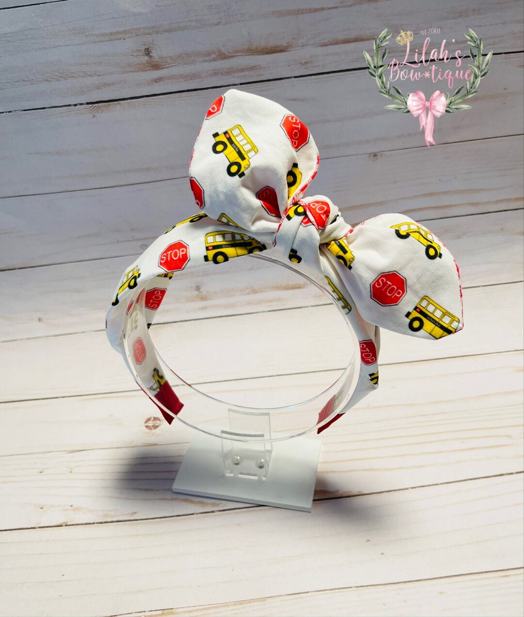 Custom School Bus & Gingham Fabric Knotted Bow Headband. Perfect Size ...