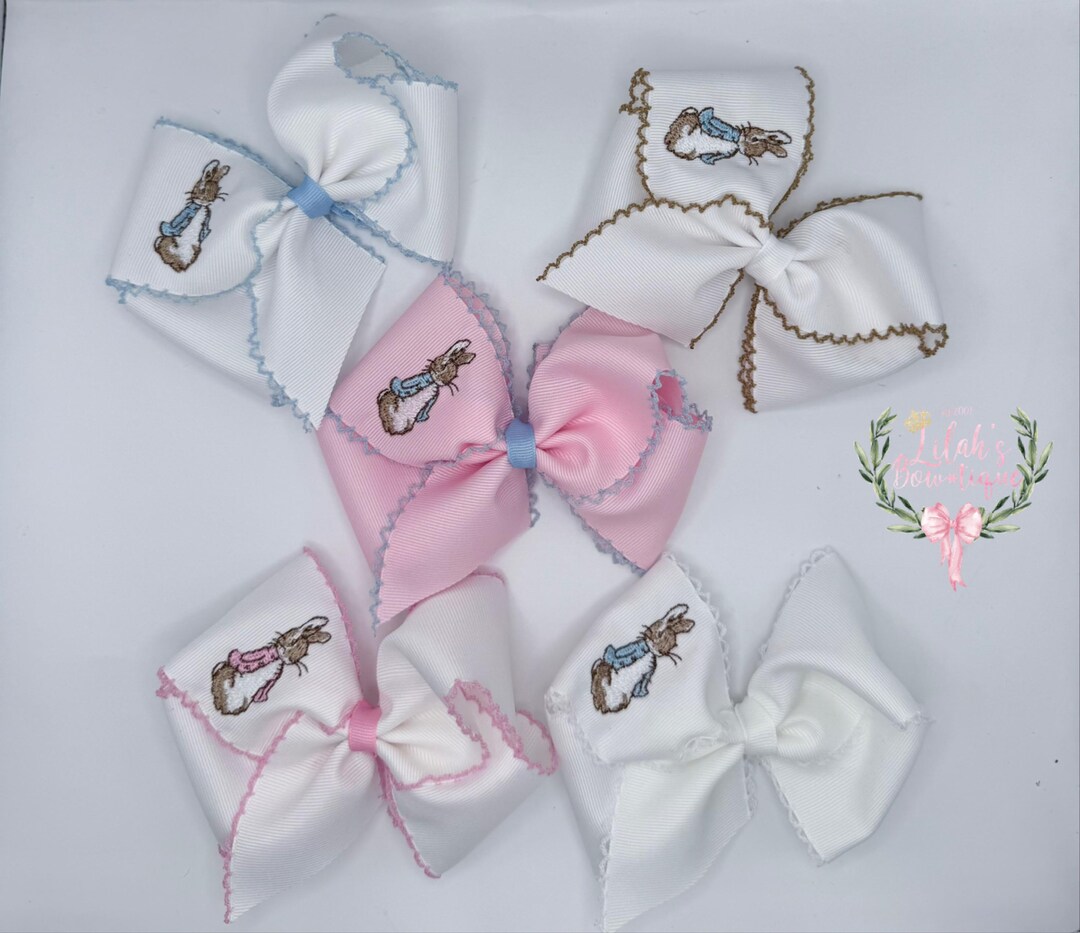 Custom Embroidered Peter Rabbit Moonstitch Ribbon Easter Hair Bow - Etsy