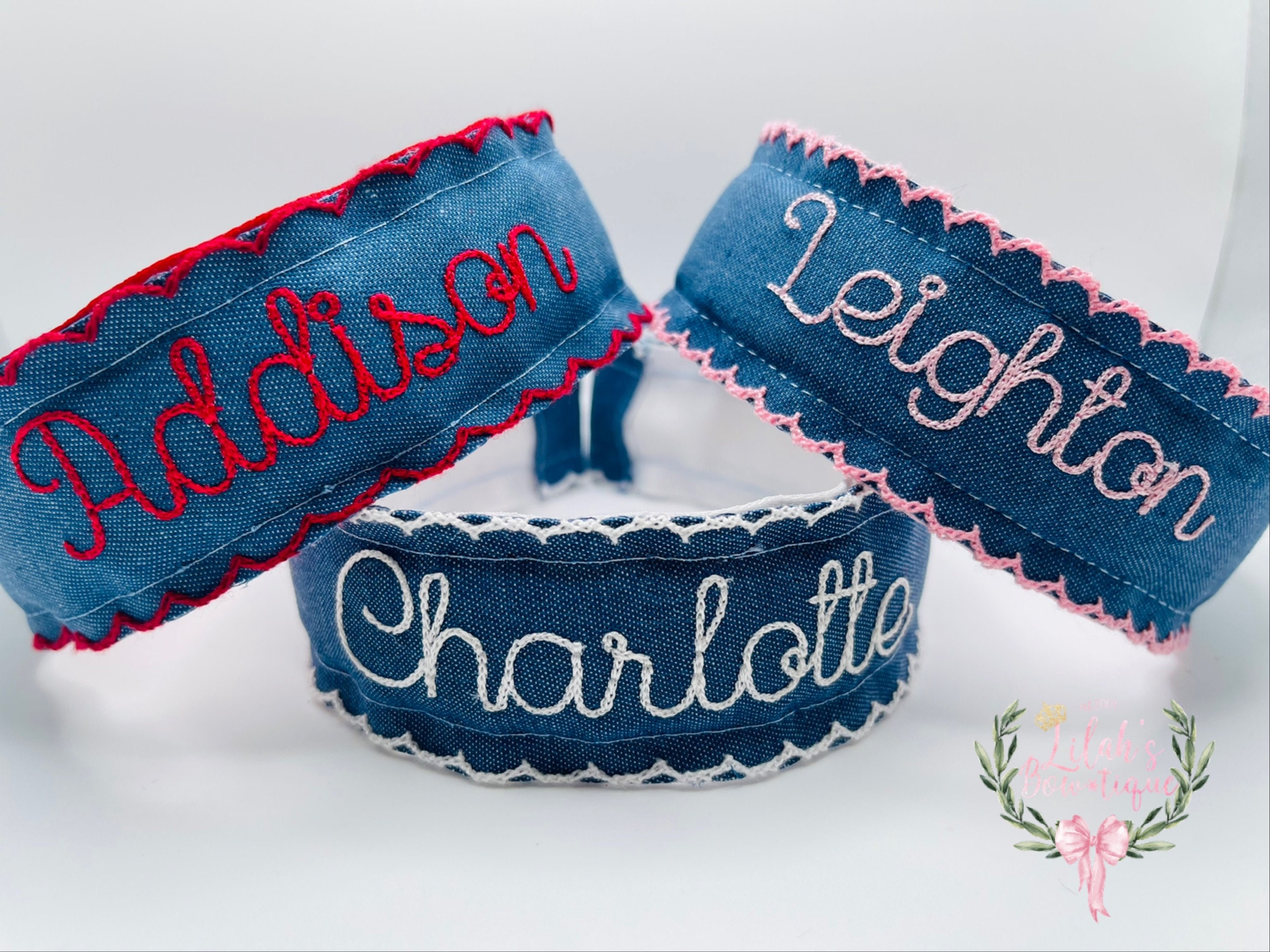 Custom Embroidered Personalized Denim Moonstitch Ribbon Headband - Etsy