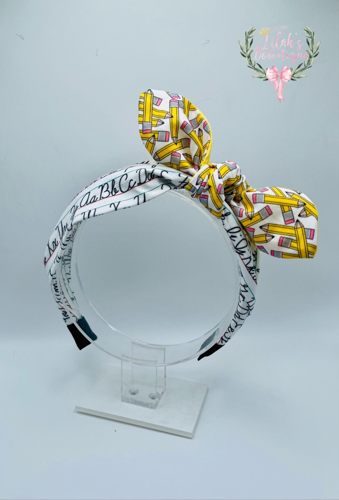 Custom School Print Pencils & Letters Fabric Knotted Bow Headband ...