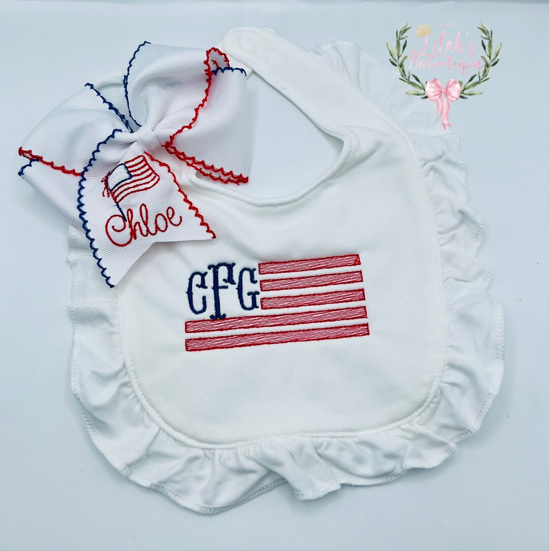 Custom Embroidered, Monogrammed 4th of July American Flag Ruffle Bib - Etsy