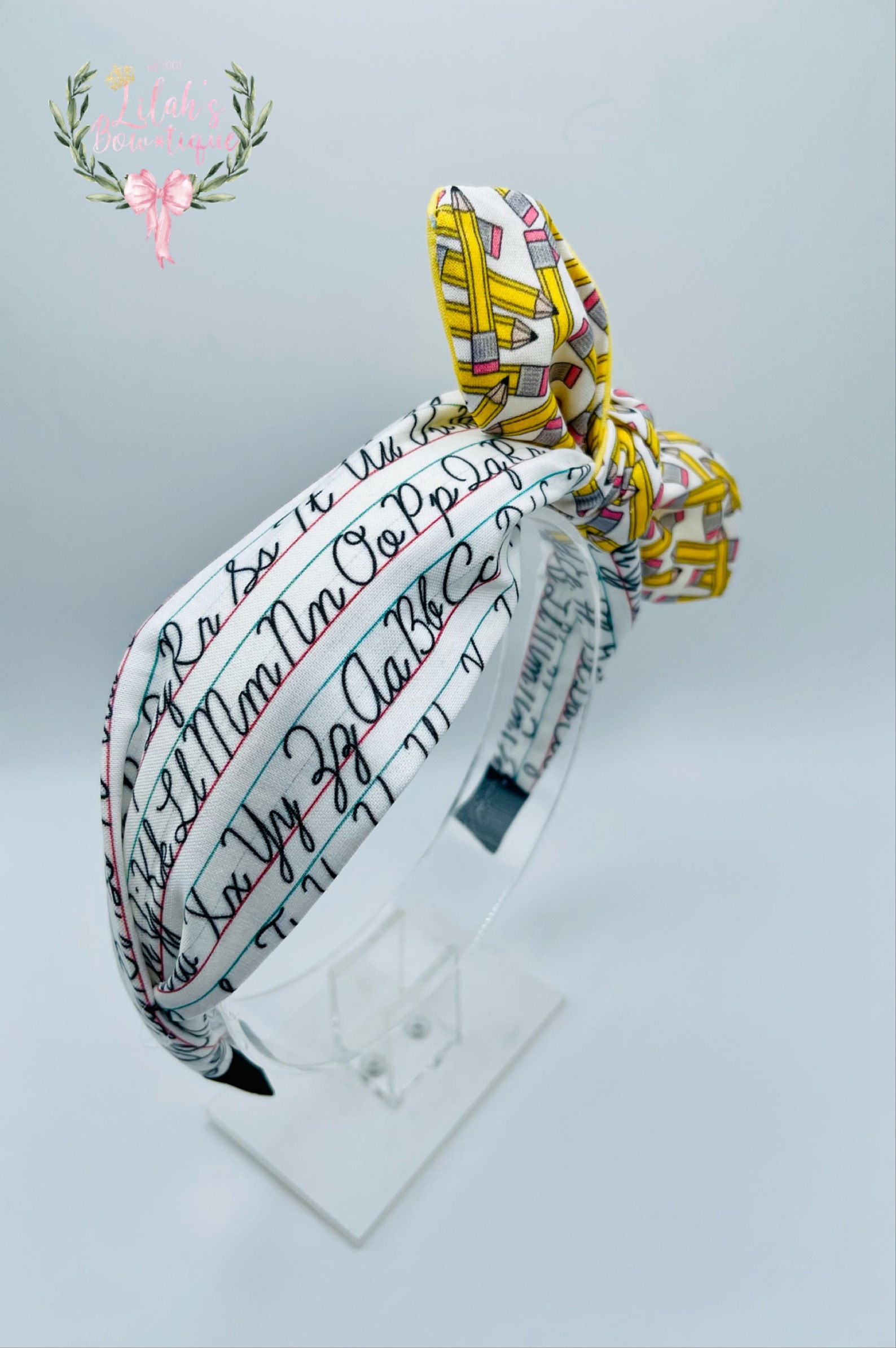 Custom School Print Pencils & Letters Fabric Knotted Bow Headband ...