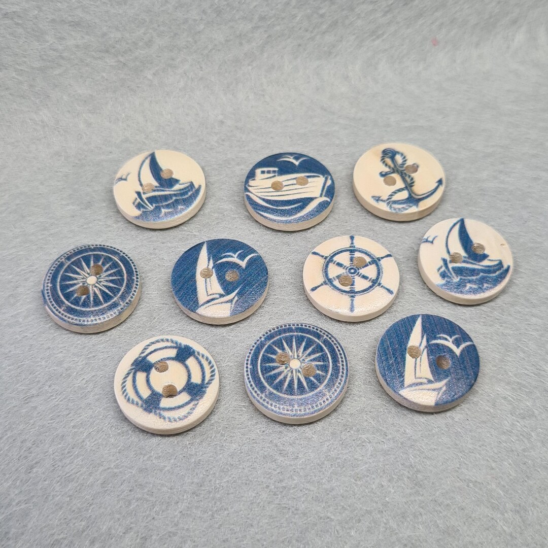 10x NAUTICAL THEME WOODEN Buttons, Natural Wood Buttons With Blue ...