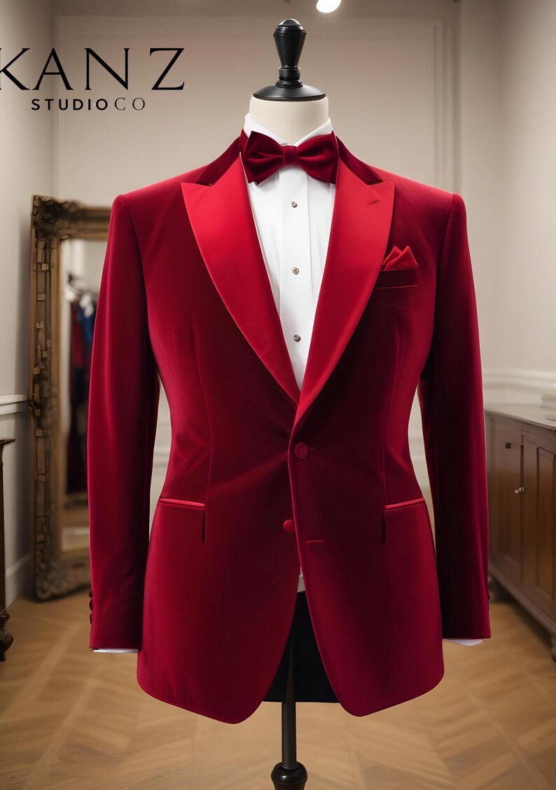 Men Suits 2 Piece Red Velvet Tuxedo Slim Fit Modern Design Classic ...