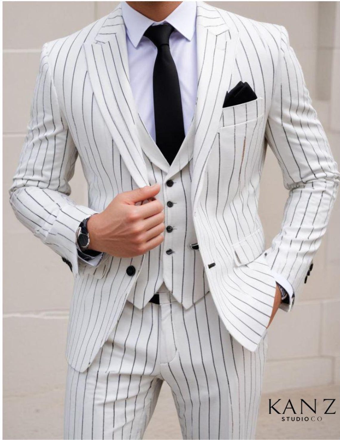 Men Suits White Pinstriped 3 Piece Slim Fit Modern Design Suits- Stylish Wear for Prom and ...