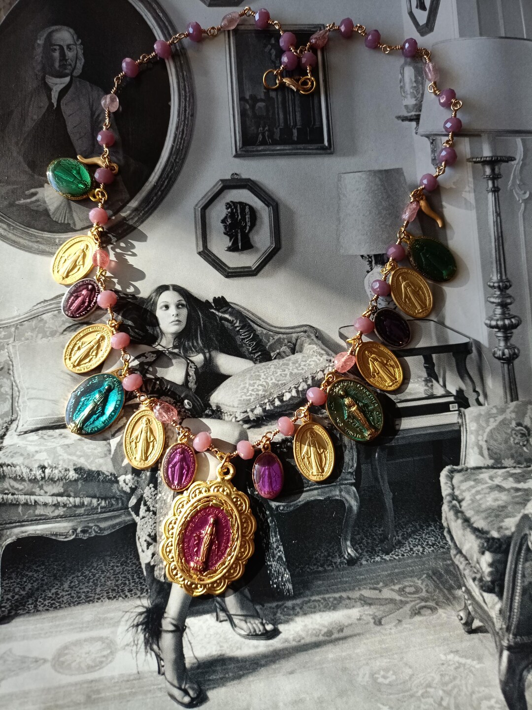 Madonna Agate Bead Necklace, Enamel Charm, Catholic Jewelry - Etsy