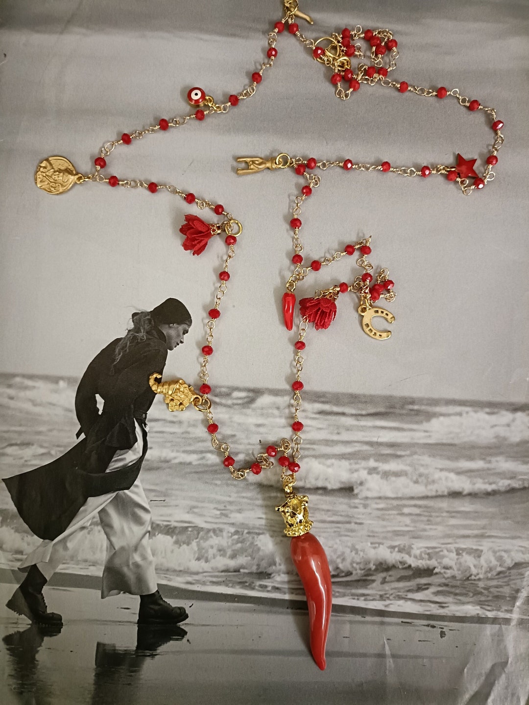 Italian Cornicello Necklace: Red Crystal Chain, Ceramic Horn Pendant - Etsy