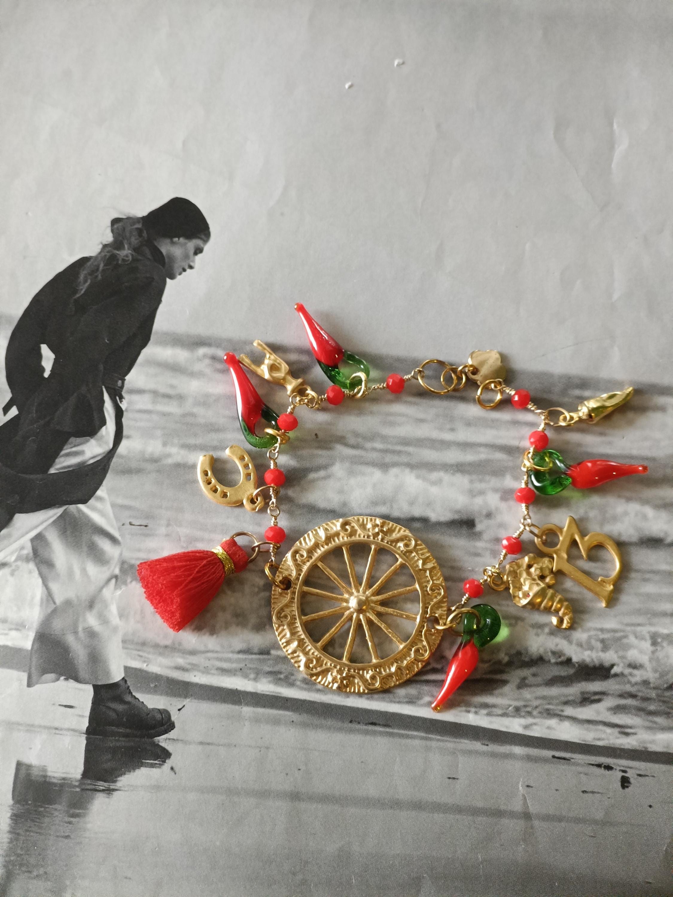 Sicilian Charm Bracelet: Pepper, Wheel, Good Luck Amulets - Etsy