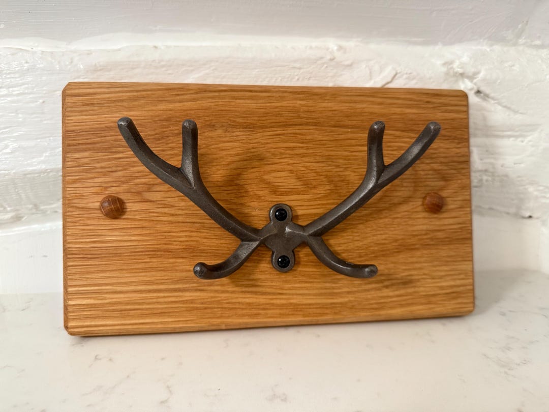 Handmade Solid Oak Coat / Key Rack: Cast Iron Stag Antlers ...