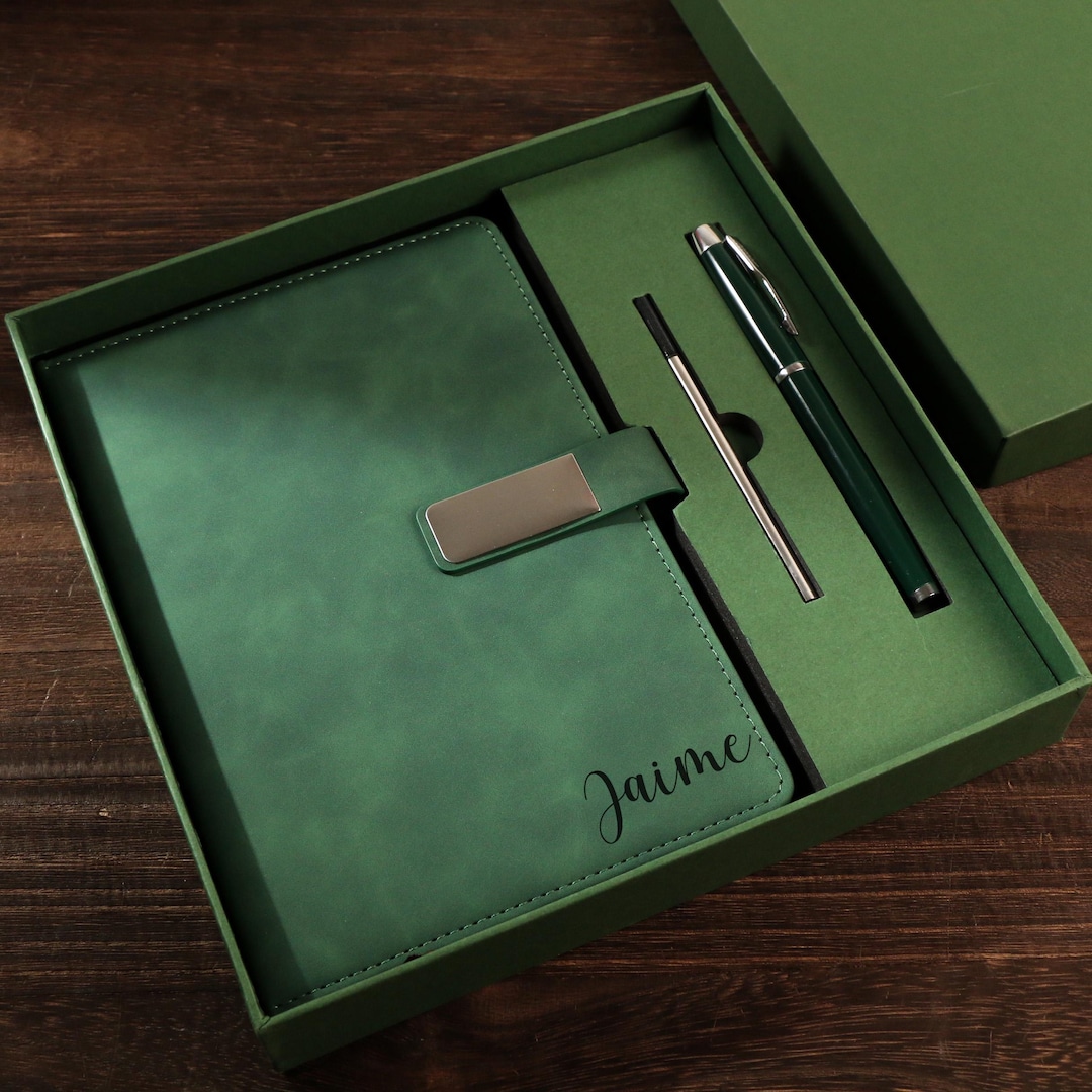 Personalized Leather Notebook and Pen Set, Custom Engraved Journal for ...