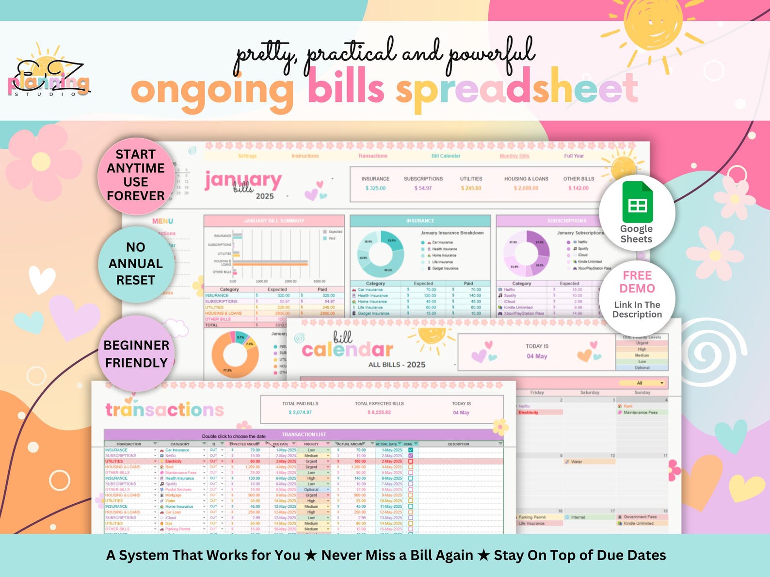 Ongoing Monthly Bill Spreadsheet • Colorful Budget Tracker for Google ...