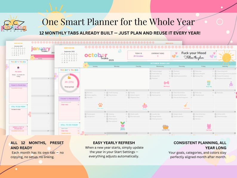Editable 12-month ADHD Task Calendar Spreadsheet • Automatic Google ...