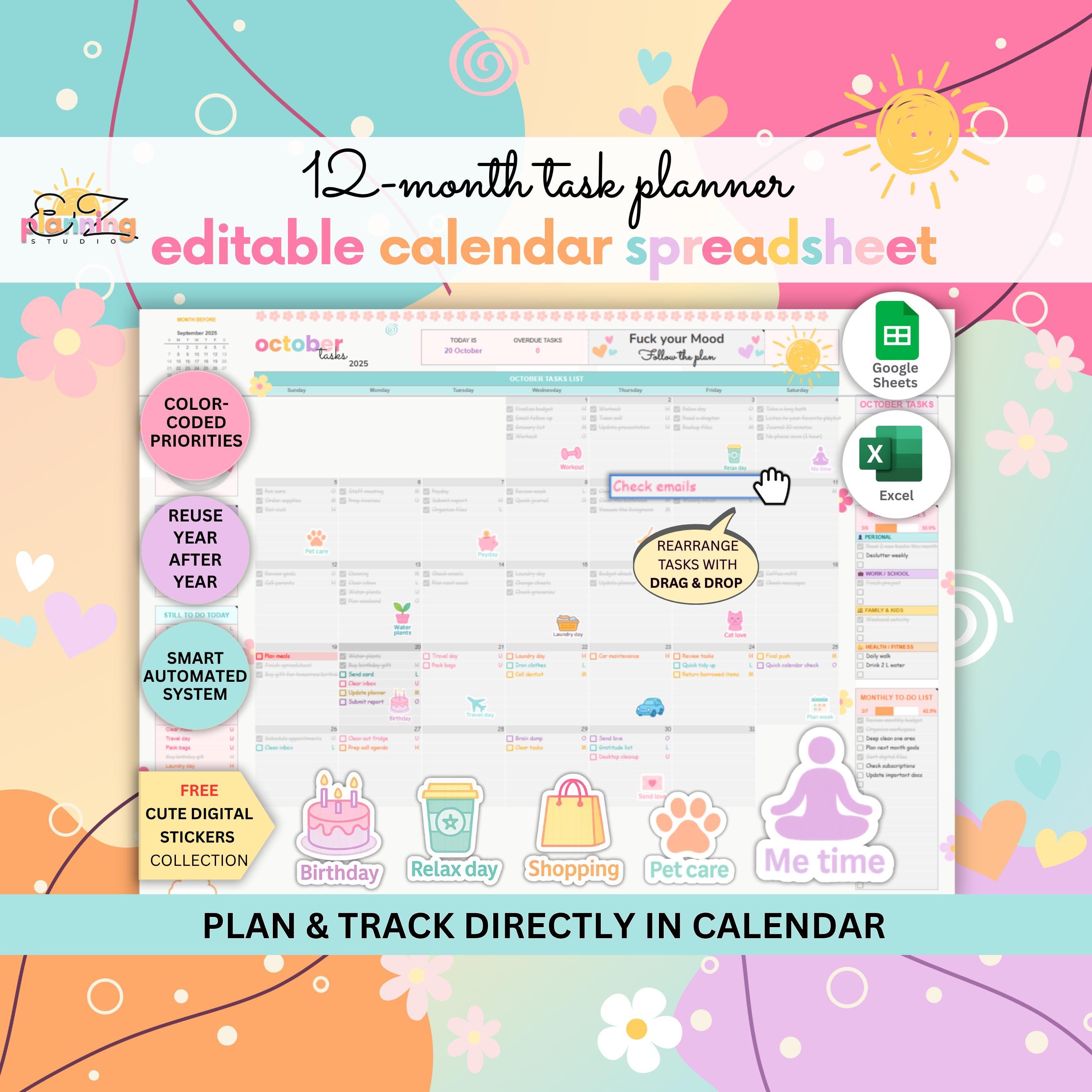 Editable 12-month ADHD Task Calendar Spreadsheet • Automatic Google ...