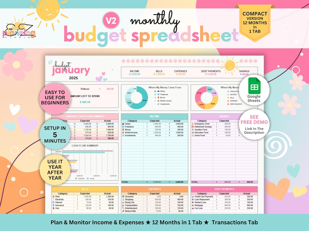 Monthly Budget Spreadsheet • Compact 12 Months in 1 Tab • Google Sheets ...