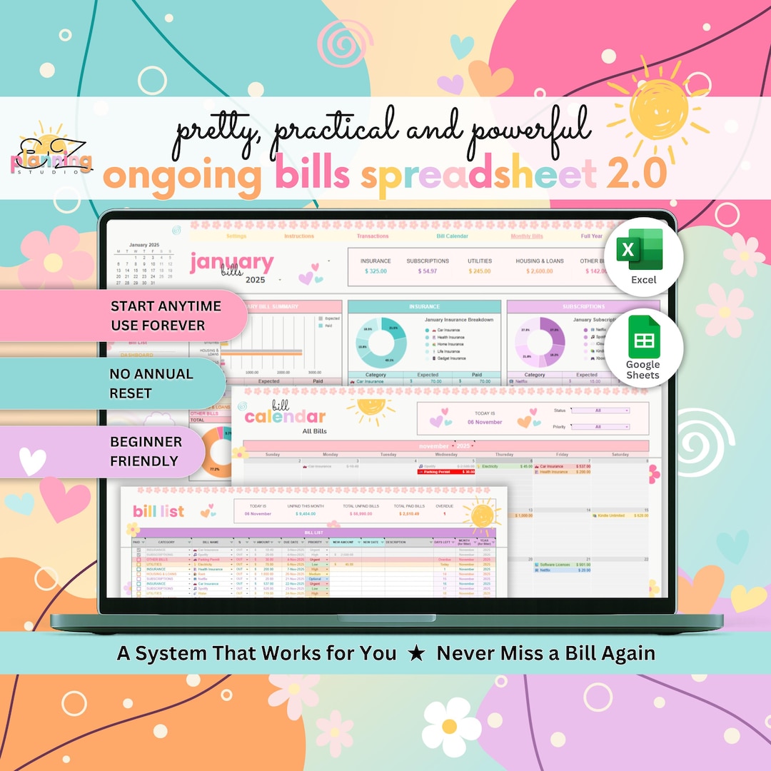 Ongoing Monthly Bill Spreadsheet • ADHD Friendly Budget Tracker for ...