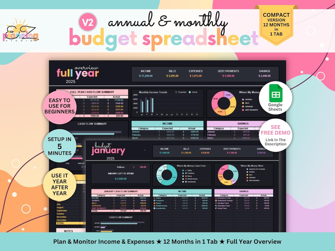 Monthly & Annual Budget Spreadsheets • Google Sheets Financial Planner ...