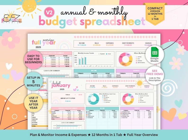 Compact Annual & Monthly Budget Spreadsheet • Track Income, Expenses ...