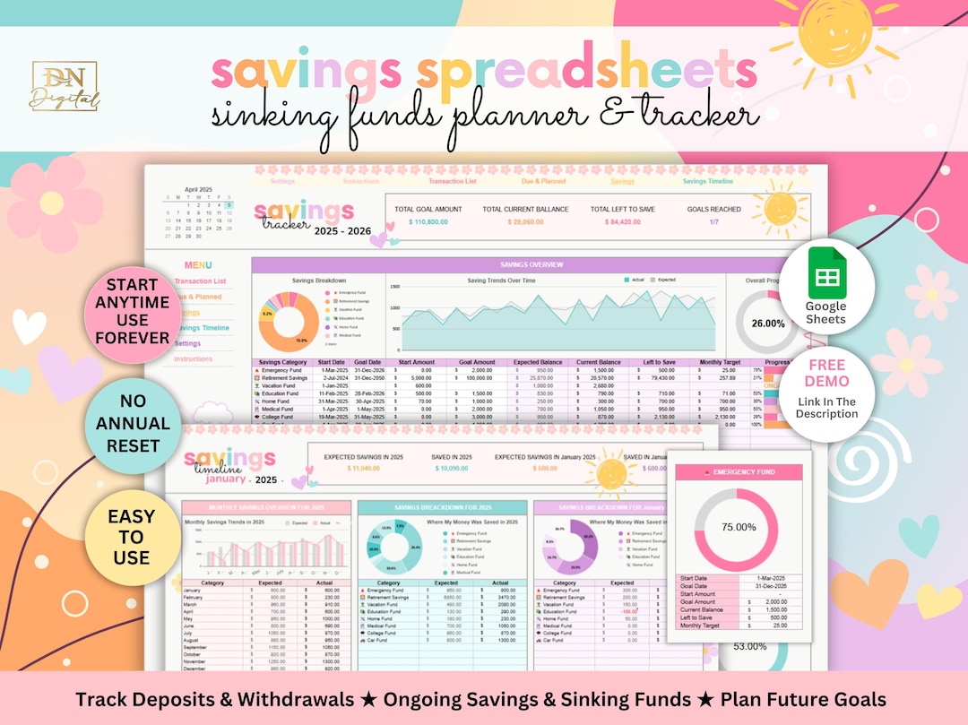 Sinking Funds Spreadsheet • Savings Planner and Tracker for Google ...