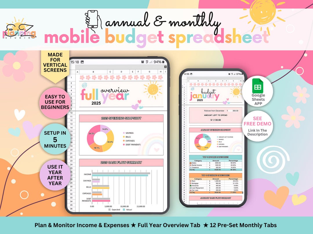 Mobile Annual & Monthly Budget Spreadsheet, Google Sheets Template for ...