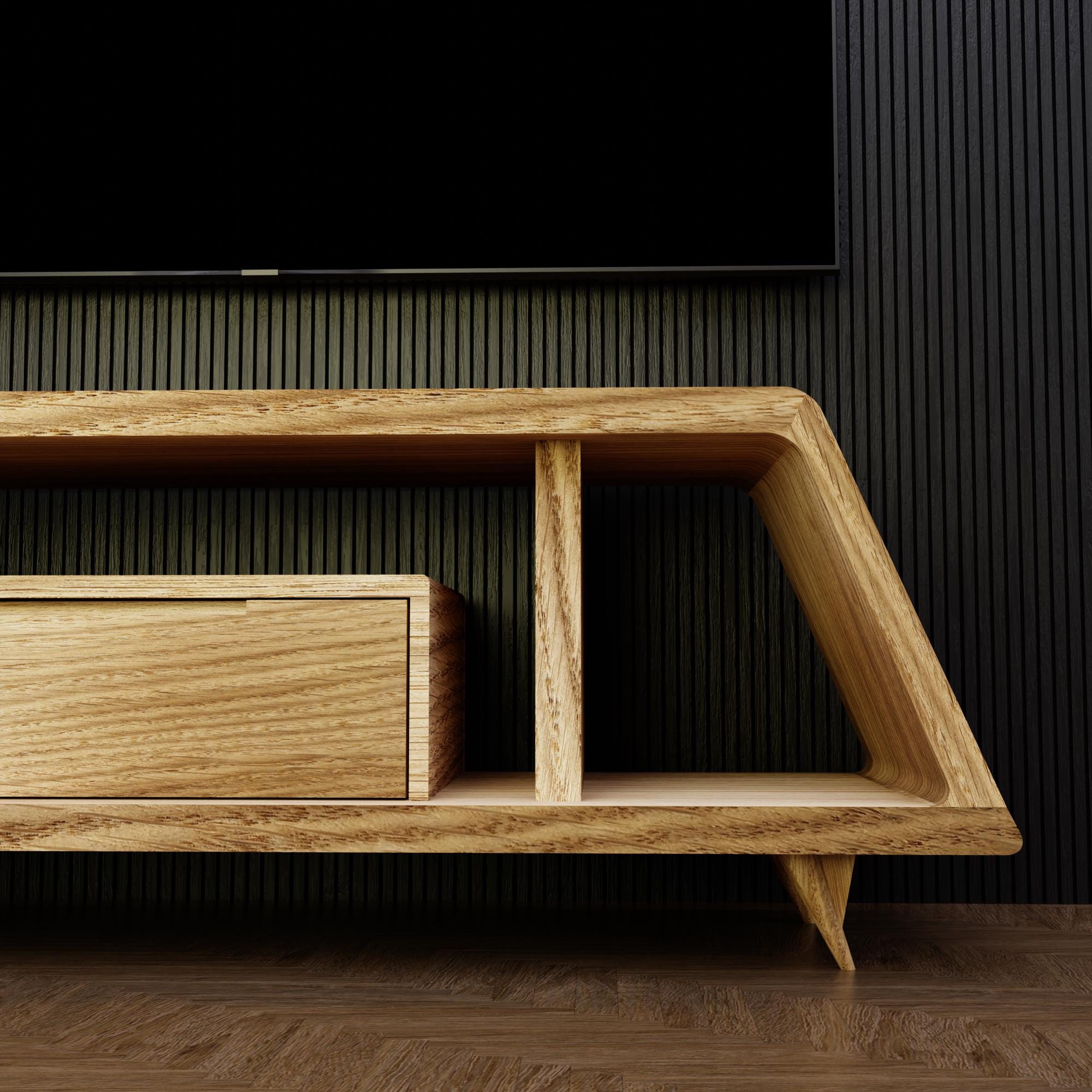 Oak Wood TV Unit & Console, Record Player, Rectangular Cabinet With ...