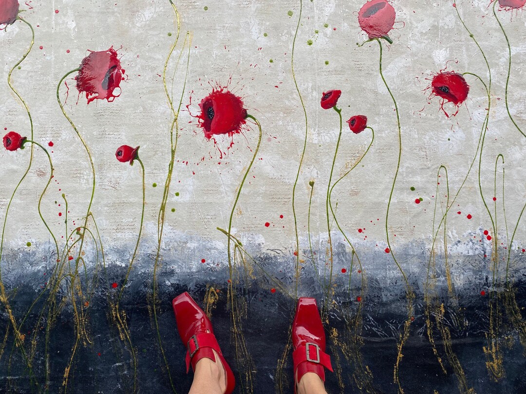 Vintage Poppies, Abstract White Black and Red, Oilcloth, Trendy Wedding ...
