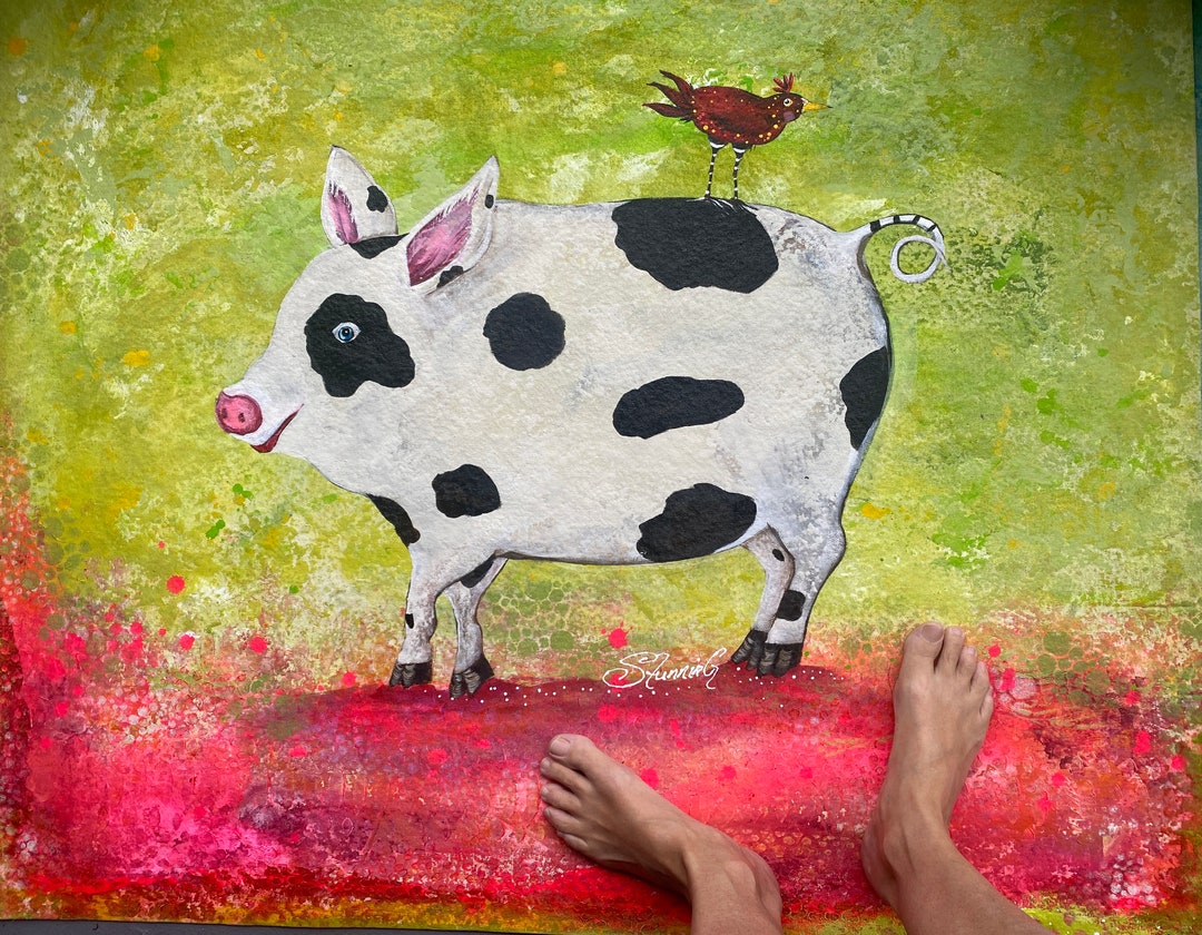 Pig Green Pink Abstract Floorcloth Pig Art Oilcloth Durable Kitchen Rug ...
