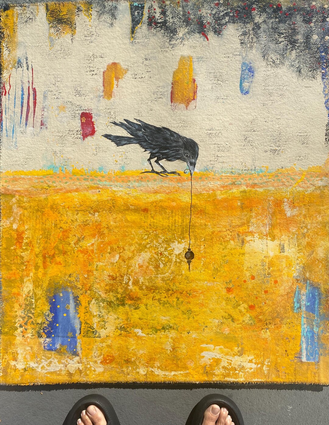 Blackbird Acrylic Painting: Abstract Raven Art, Boho Floorcloth, Orange ...