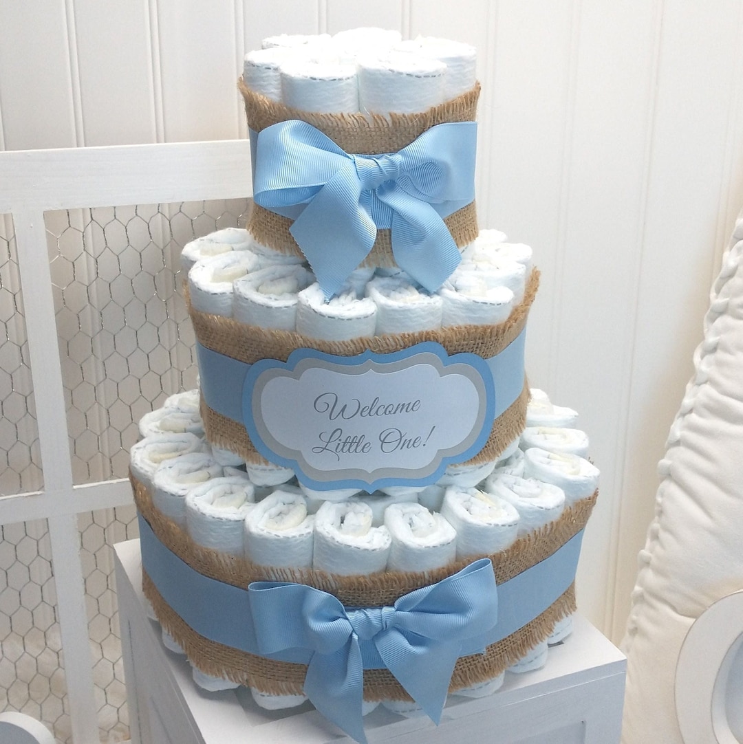 Diaper Cake Boy Blue Baby Shower Gift or Decoration Rustic Blue Boho ...