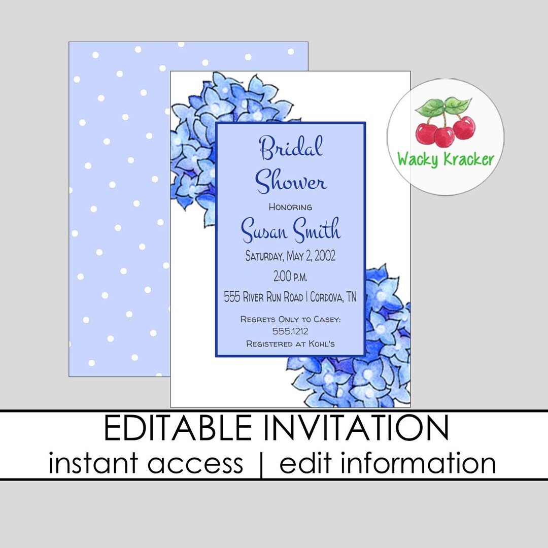 Hydrangea Bridal Shower Invitation Blue Hydrangea Invite - Etsy